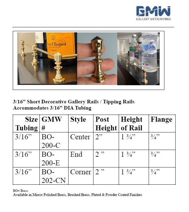 BO-200-C 3/16" Brass CENTER POST, Decorative Gallery Rails (Tipping Ra ...